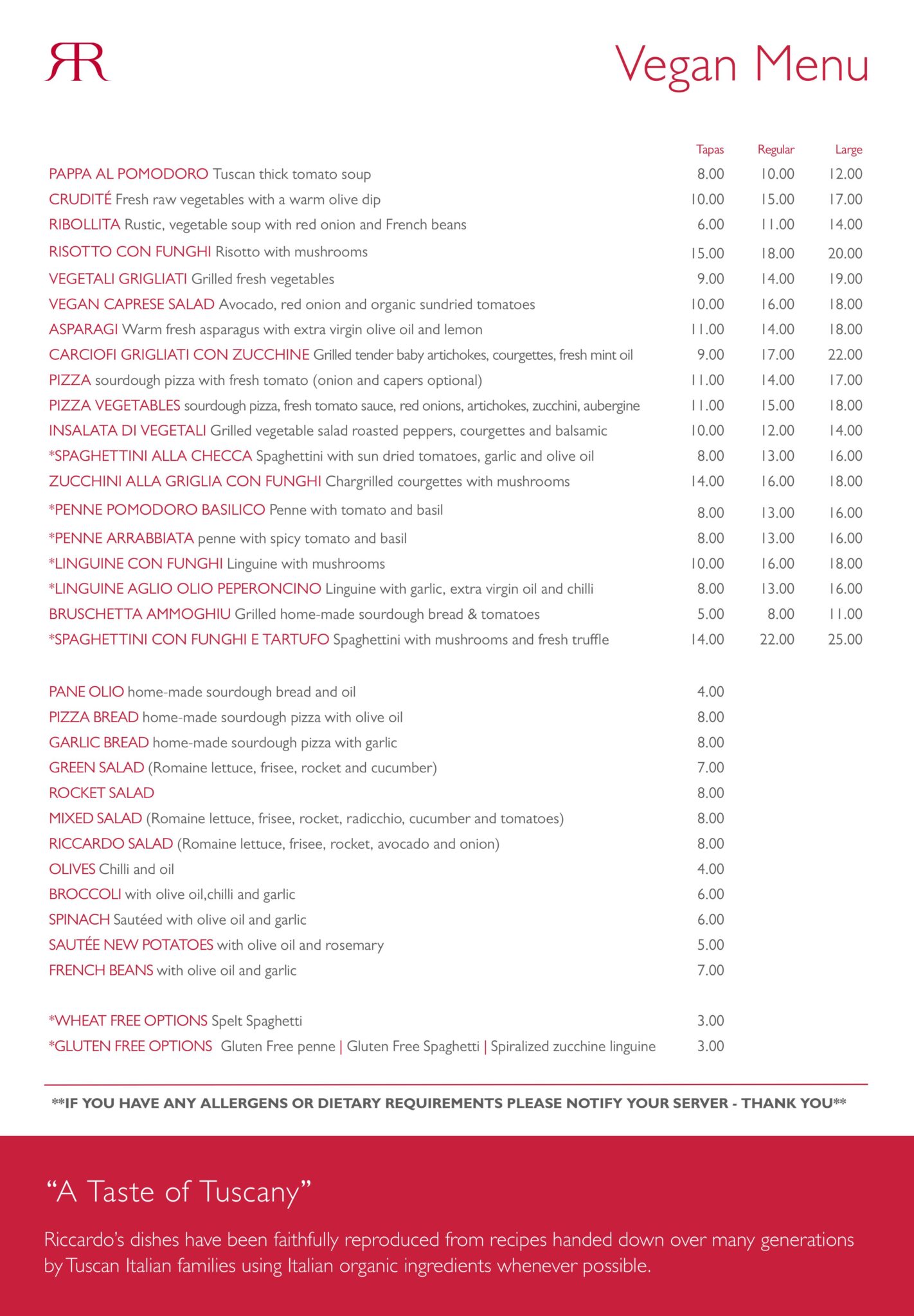 Our Tuscan Italian Menu